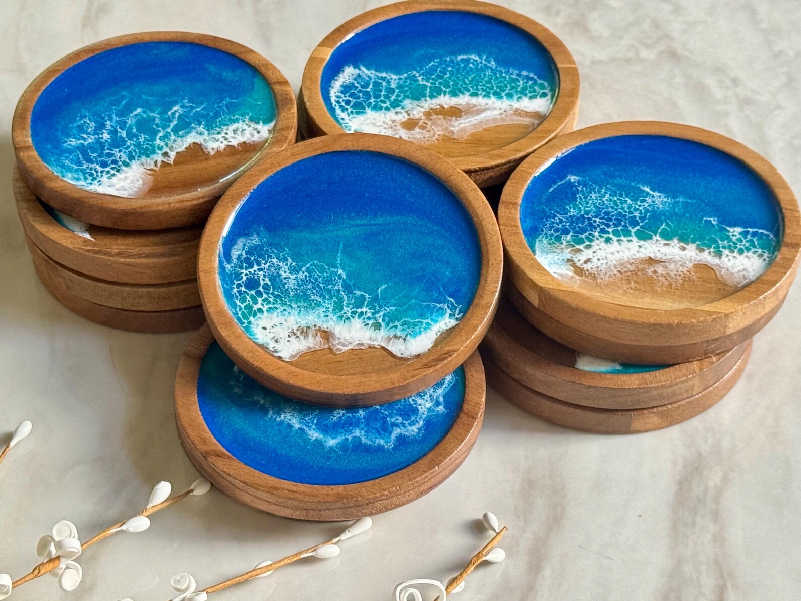 Resin Ocean Wave Coaster Set of 4, Round Wood Beach Coasters, Handmade ...
