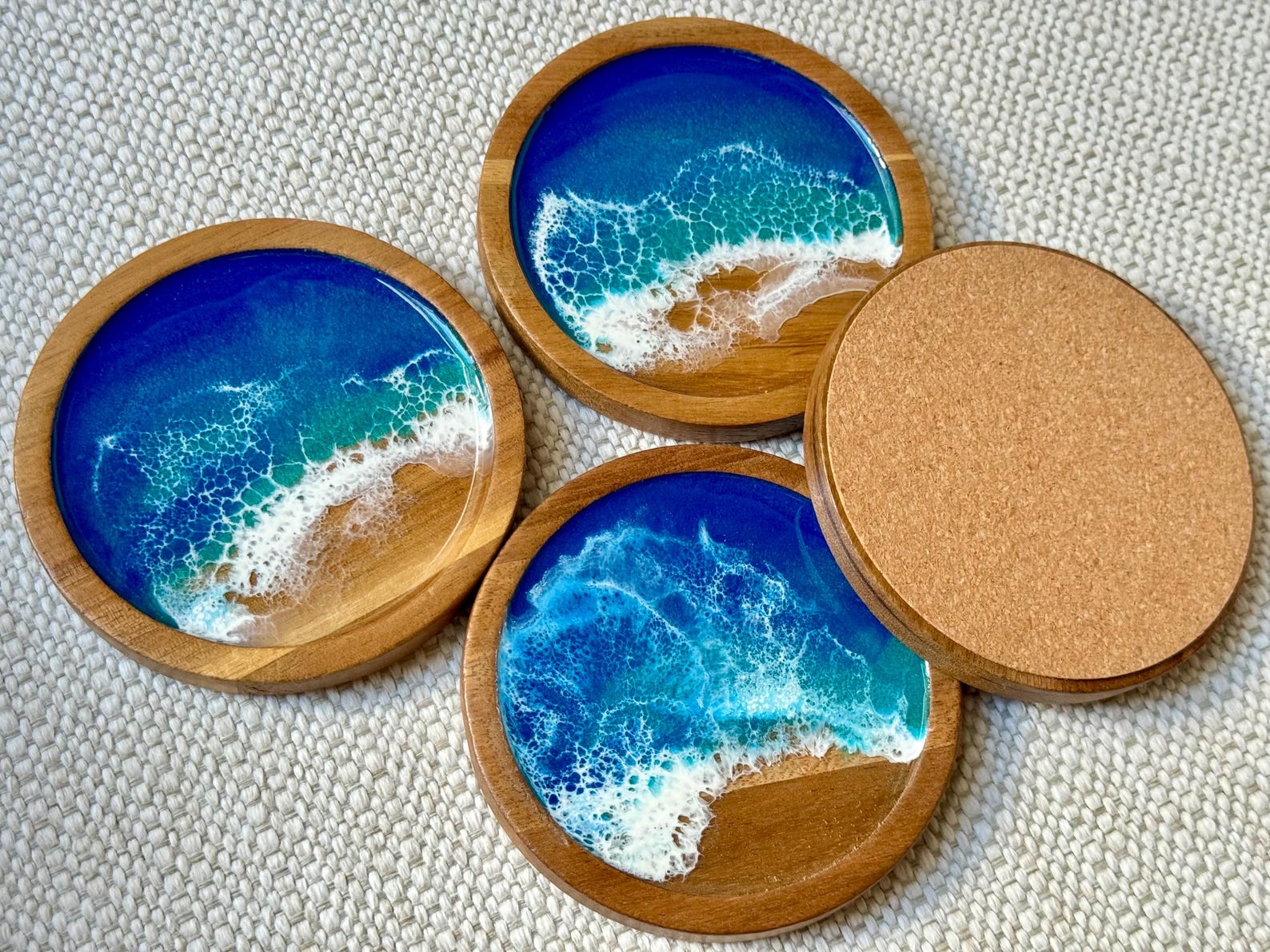 Resin Ocean Wave Coaster Set of 4, Round Wood Beach Coasters, Handmade ...