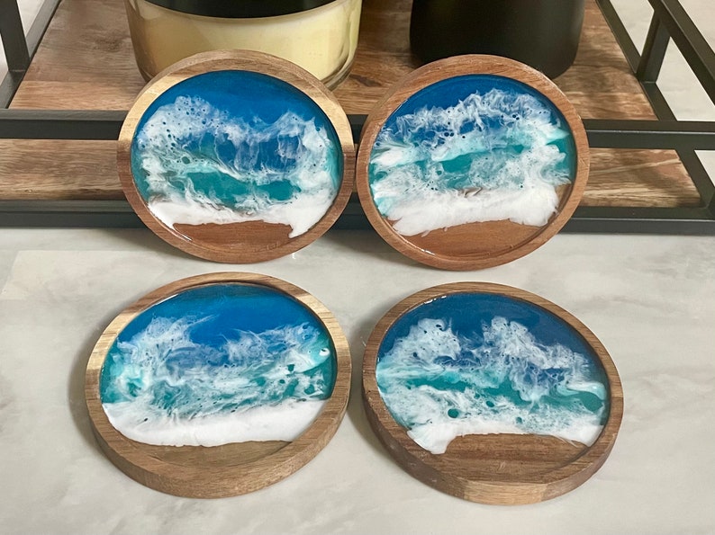 Resin Ocean Wave Coaster Set of 4, Round Wood Beach Coasters, Handmade ...