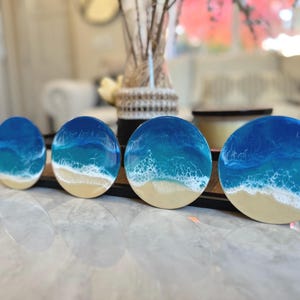 Resin Ocean Wave Coaster Set of 4, Round Wood Beach Coasters, Handmade ...