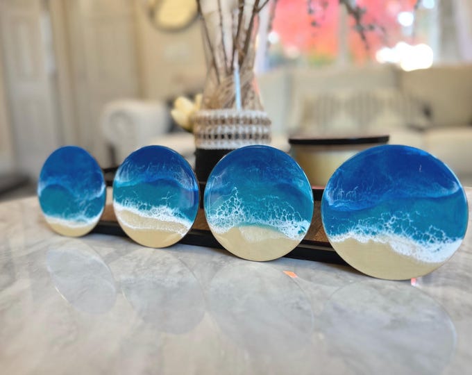 Resin Ocean Wave Coaster Set of 4, Round Wood Beach Coasters, Handmade ...