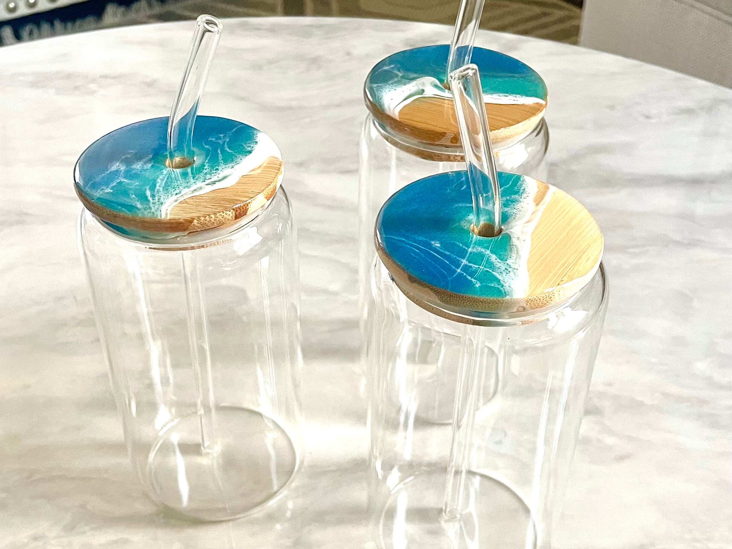 Cold Brew Cup With Resin Ocean Wave, Can Glass With Bamboo Lid for the ...