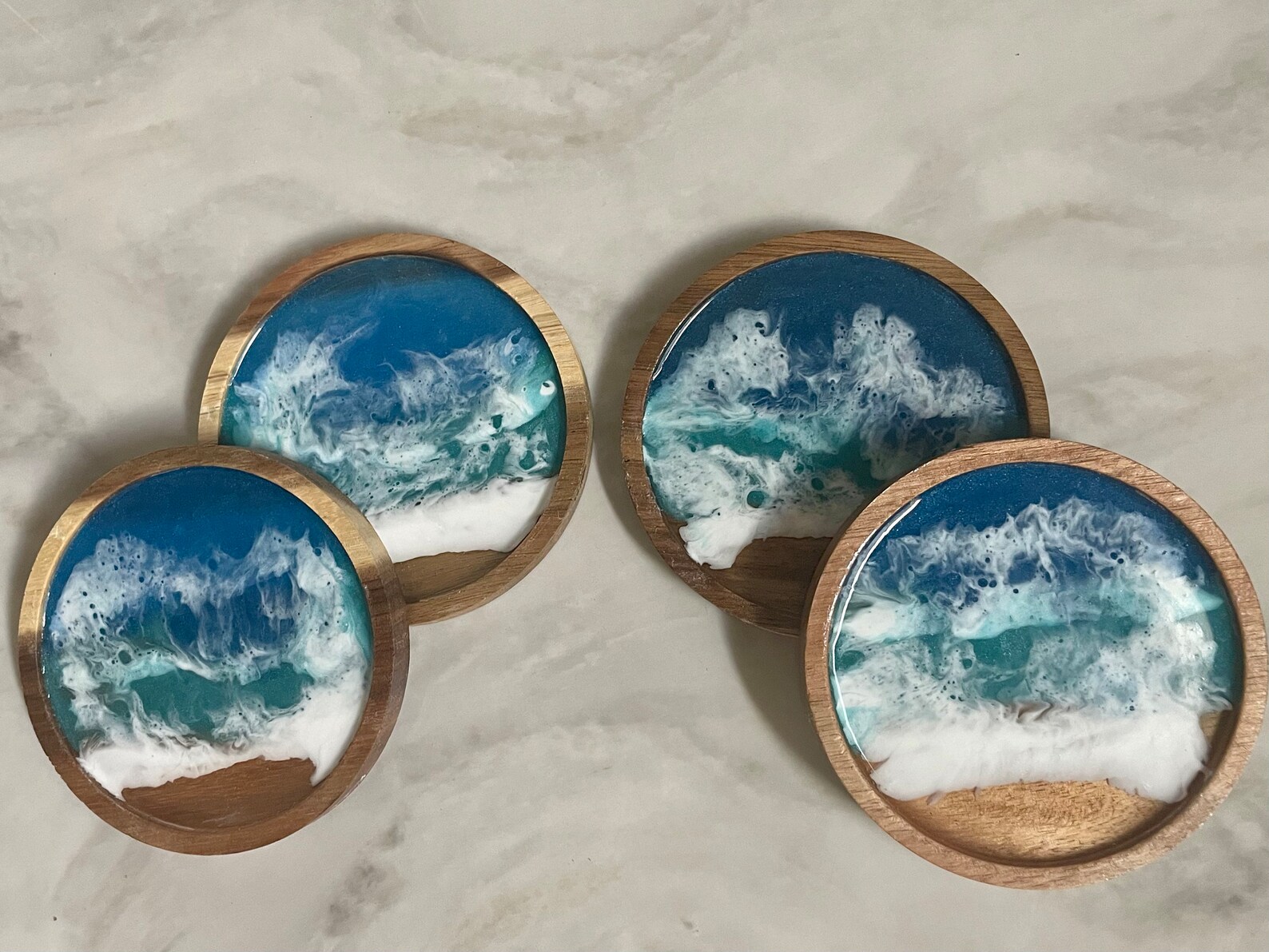 Resin Ocean Wave Coaster Set of 4, Round Wood Beach Coasters, Handmade ...