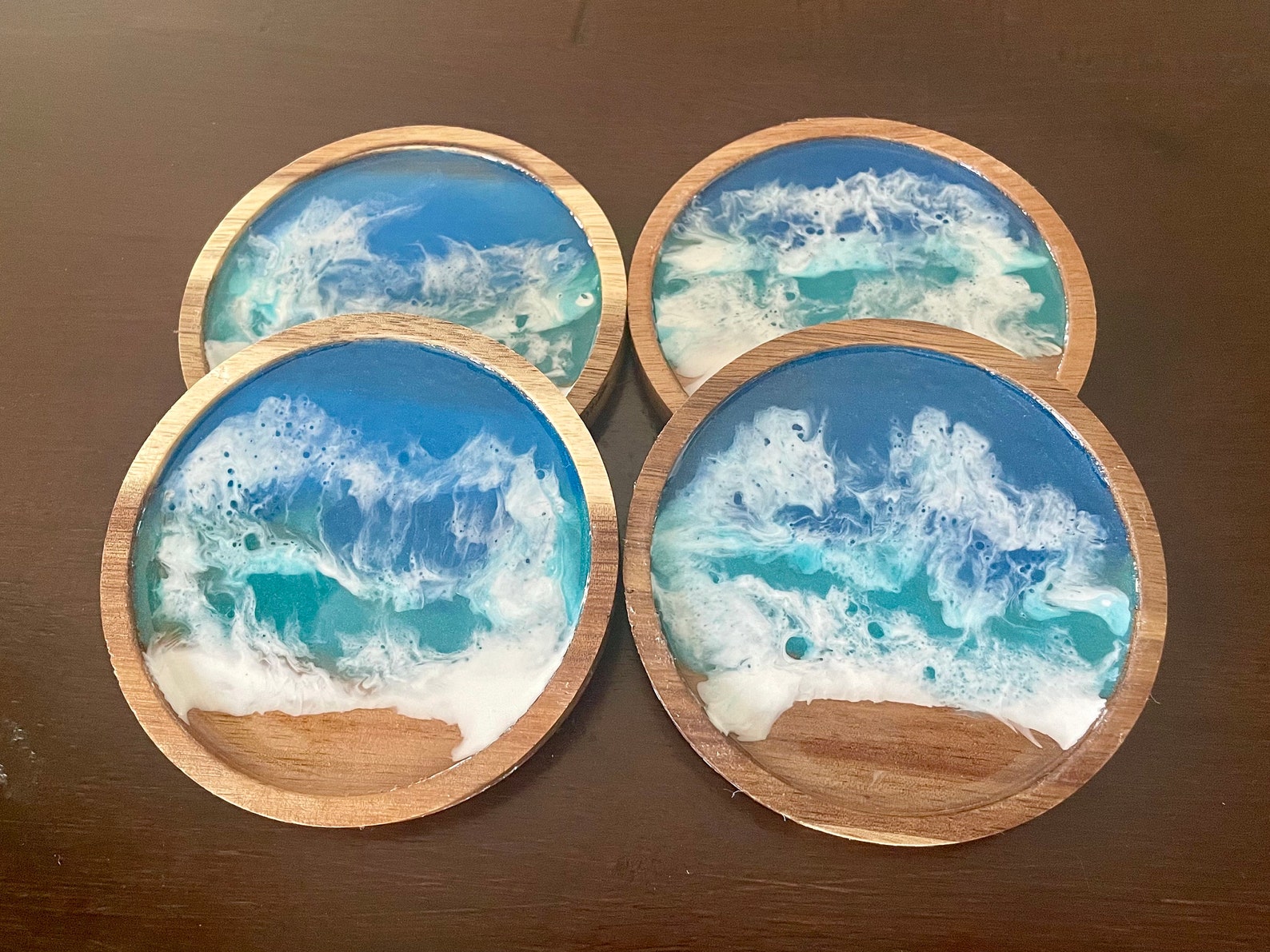 Resin Ocean Wave Coaster Set of 4, Round Wood Beach Coasters, Handmade ...