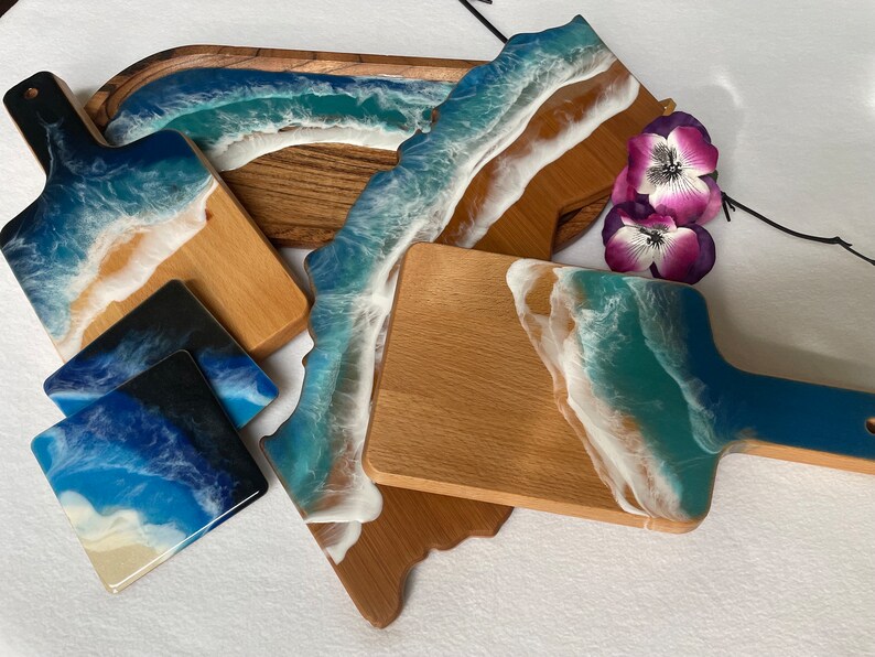 Resin Ocean Wave Coaster Set of 4, Round Wood Beach Coasters, Handmade ...