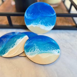 Resin Ocean Wave Coaster Set of 4, Round Wood Beach Coasters, Handmade ...