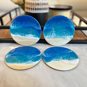 Resin Ocean Wave Coaster Set of 4, Round Wood Beach Coasters, Handmade ...