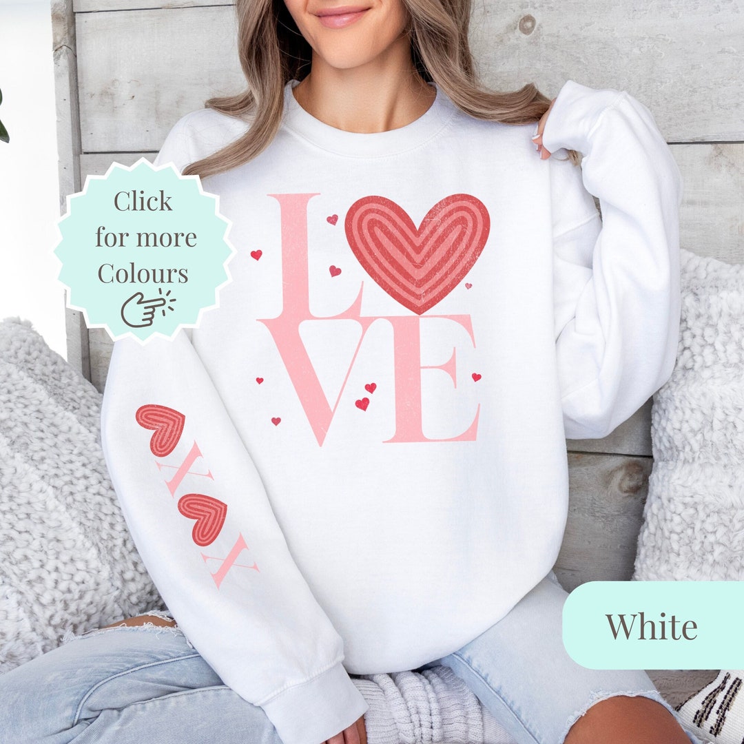 Pink Love Sweatshirt, Valentines Day Sweatshirt, Love Heart Crew Neck Sweater, Sleeve Design ...
