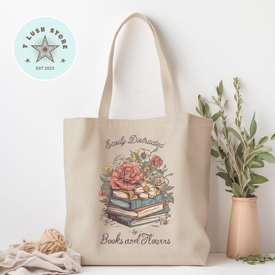 Canvas Tote Bag for Book and Flower Lovers - Bookish Tote Bag, Gift for ...