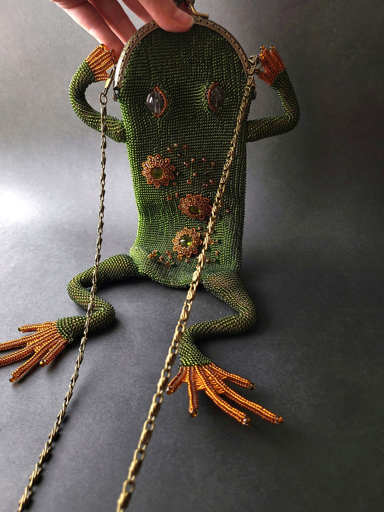 Frog Toad Handmade Beaded Bag, Green Orange Crocheted Amphibians Purse ...