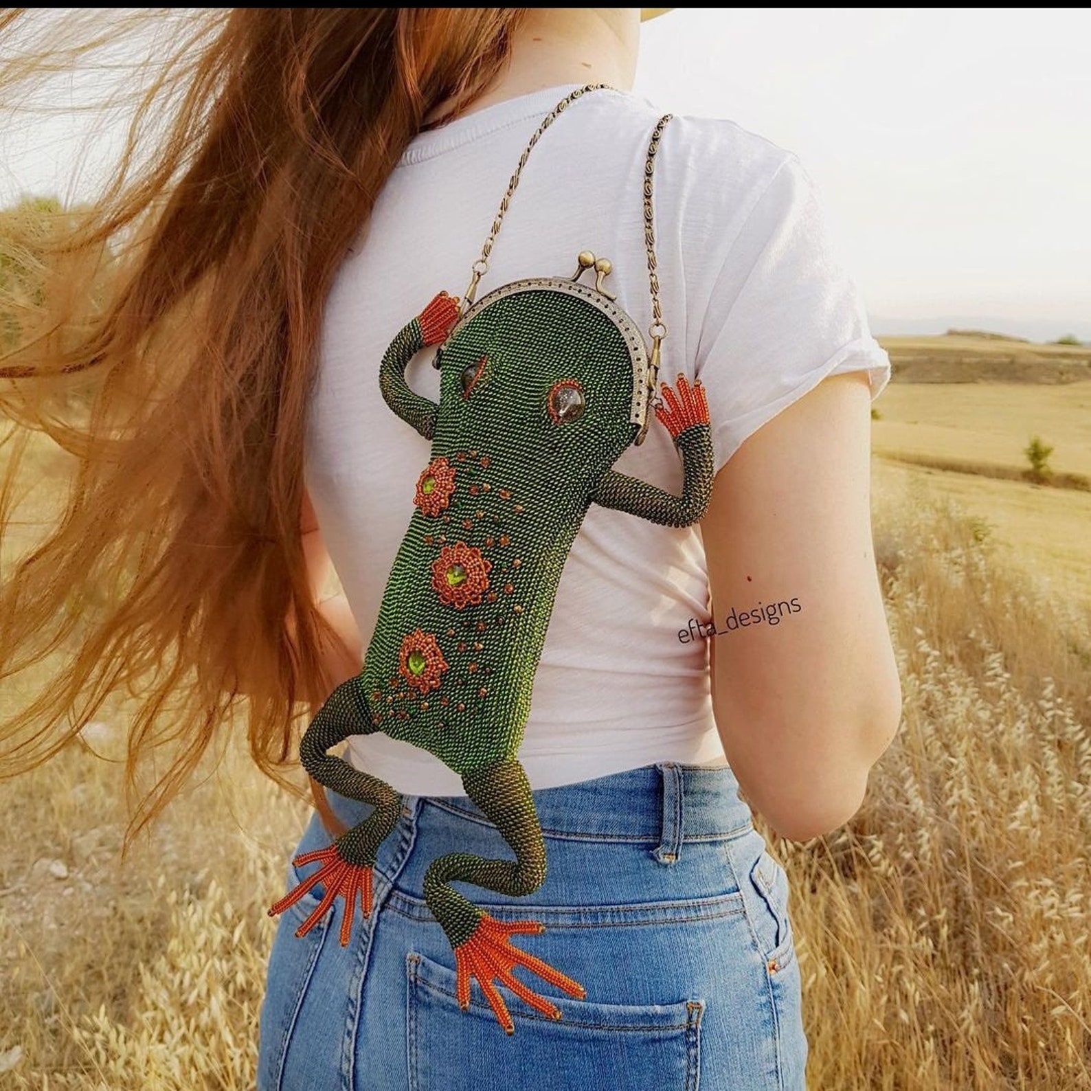 Frog Toad Handmade Beaded Bag, Green Orange Crocheted Amphibians Purse ...