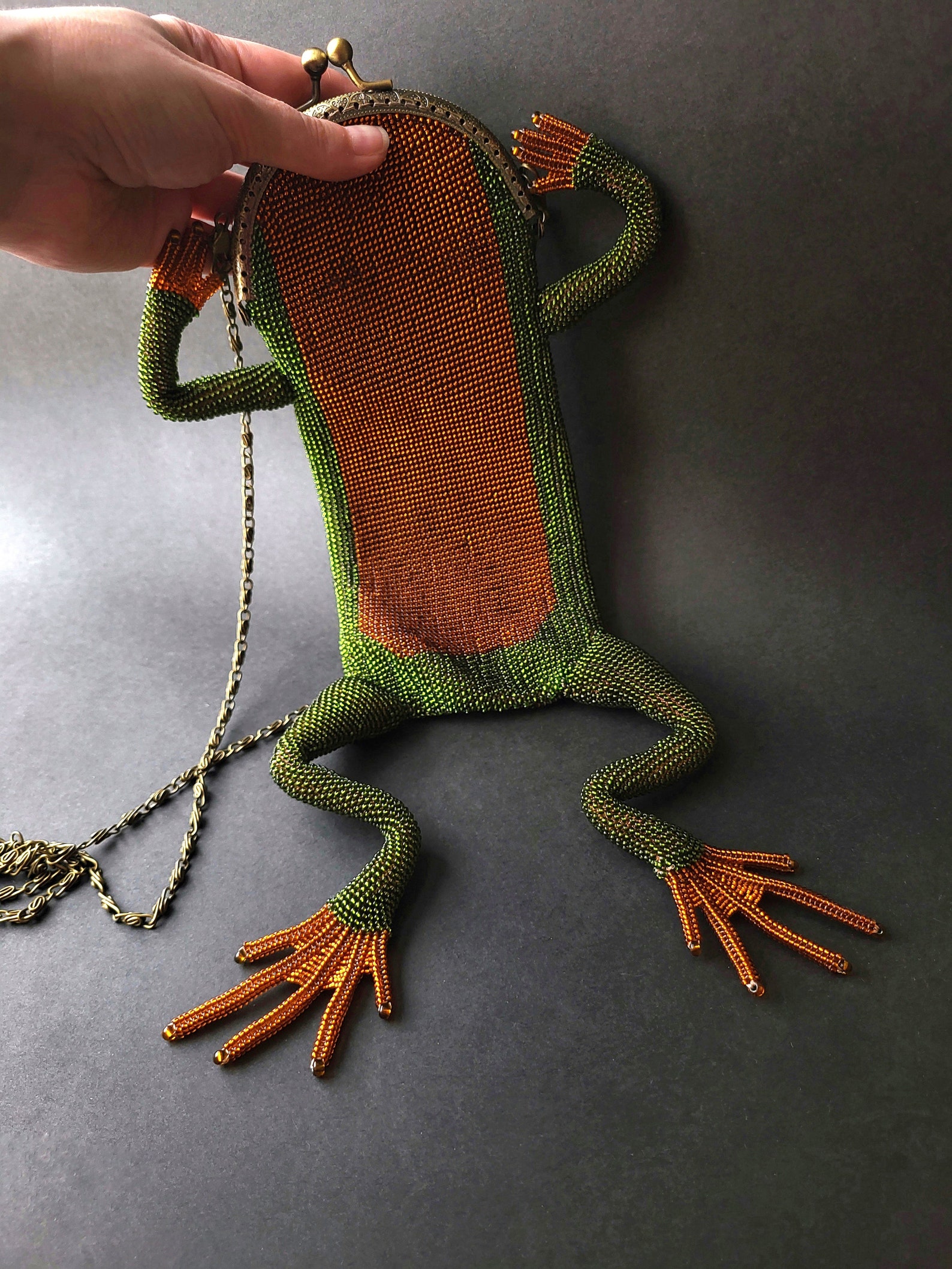 Frog Toad Handmade Beaded Bag, Green Orange Crocheted Amphibians Purse ...