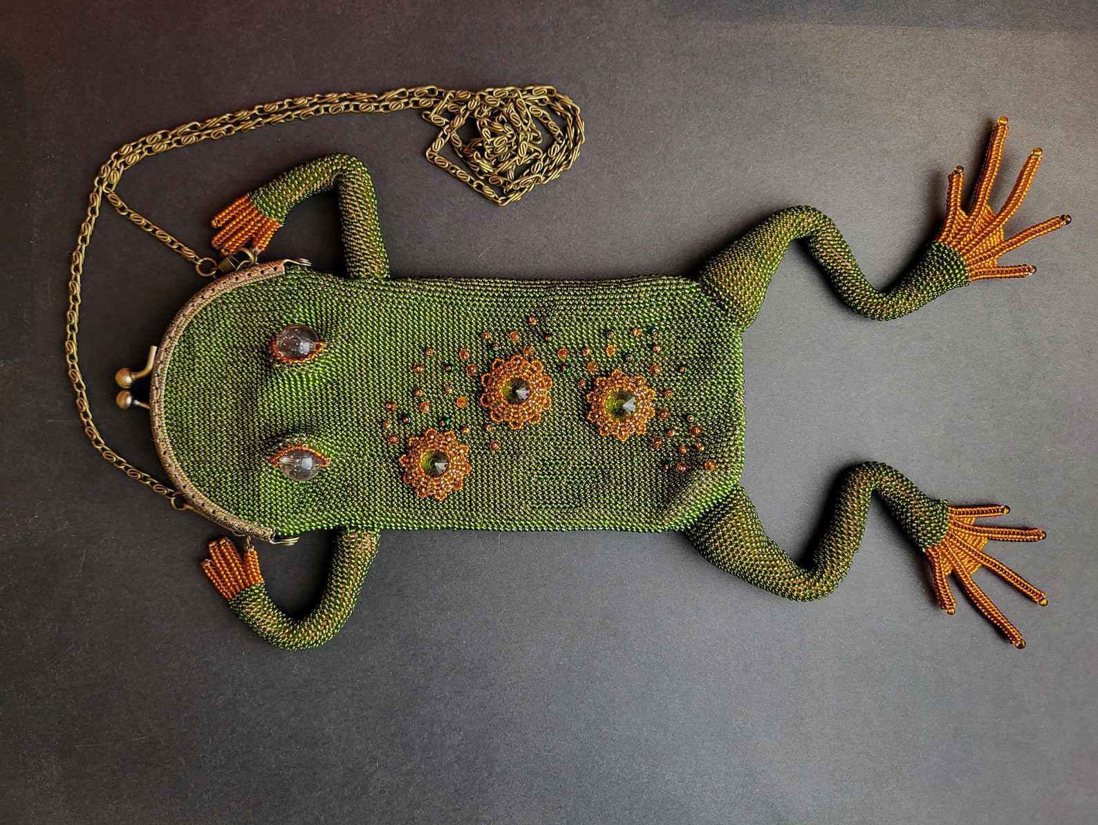 Frog Toad Handmade Beaded Bag, Green Orange Crocheted Amphibians Purse ...
