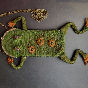 Frog Toad Handmade Beaded Bag, Green Orange Crocheted Amphibians Purse ...