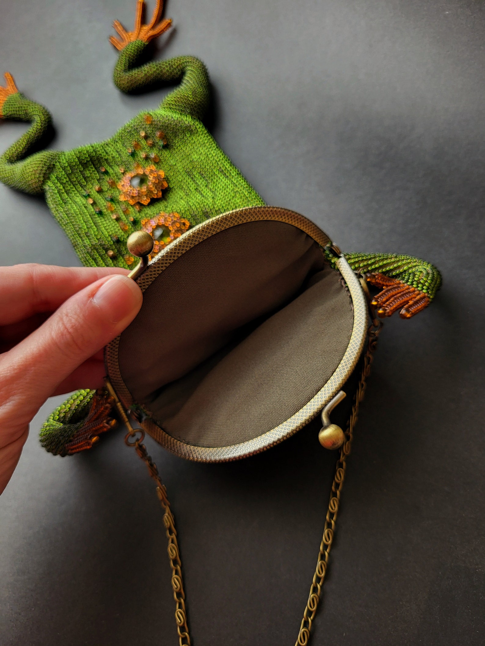 Frog Toad Handmade Beaded Bag, Green Orange Crocheted Amphibians Purse ...