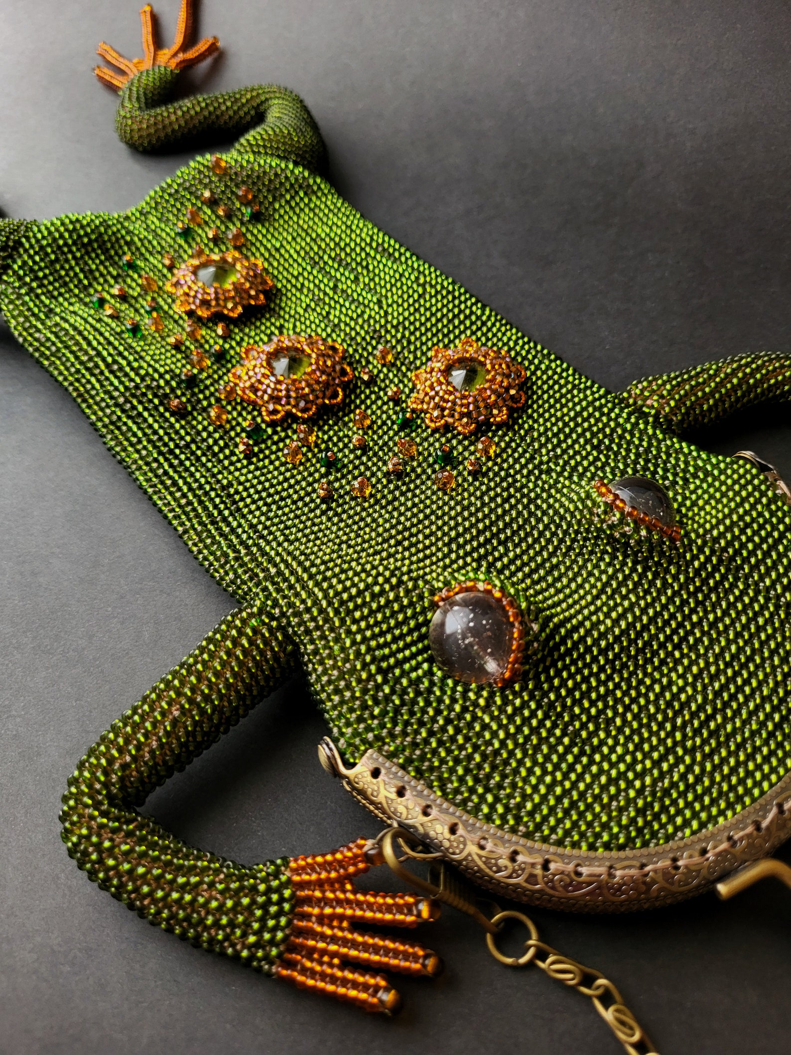 Frog Toad Handmade Beaded Bag, Green Orange Crocheted Amphibians Purse ...
