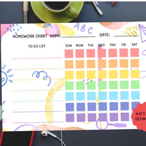 Homework Chart - Printable Instant Download- Children's Weekly Homework ...