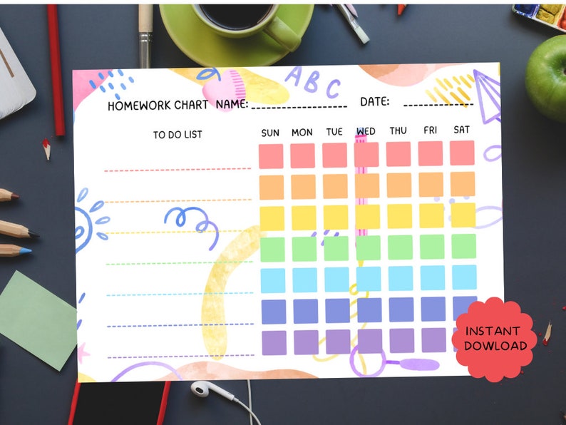 Homework Chart Printable Instant Download Children's Weekly ...
