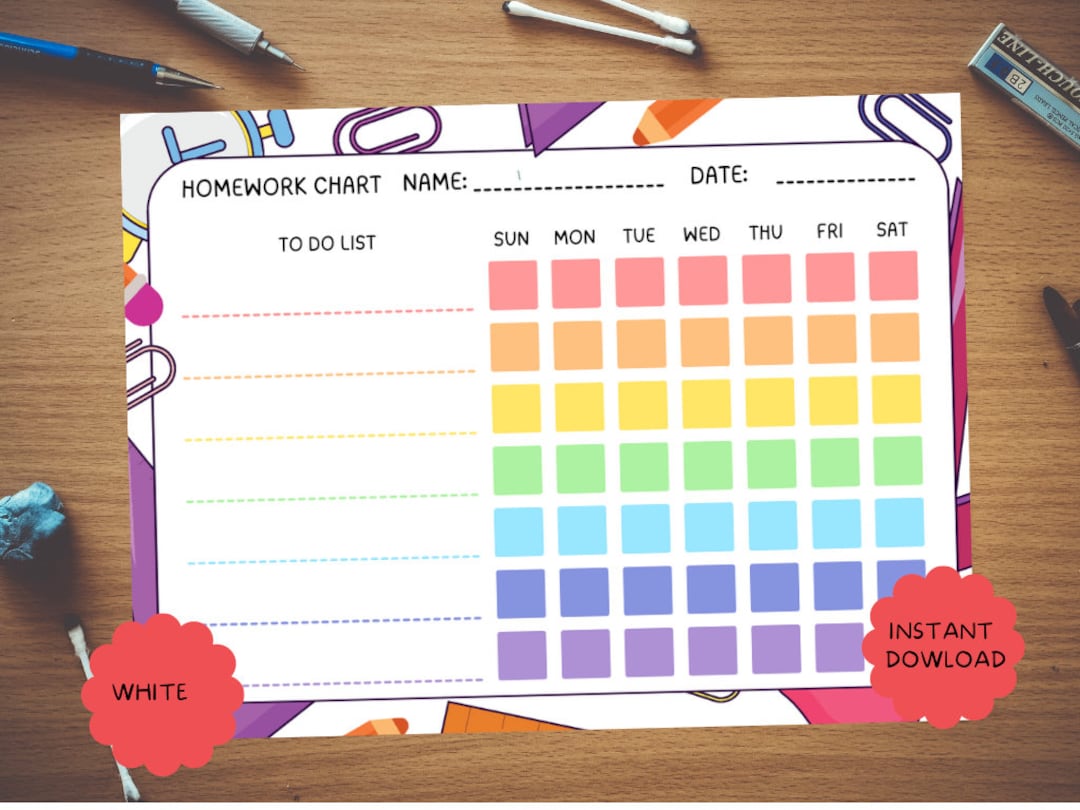 Homework Chart - Printable Instant Download- Children's Weekly Homework ...