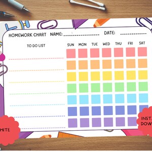 Homework Chart - Printable Instant Download- Children's Weekly Homework ...