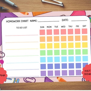 Homework Chart - Printable Instant Download- Children's Weekly Homework ...