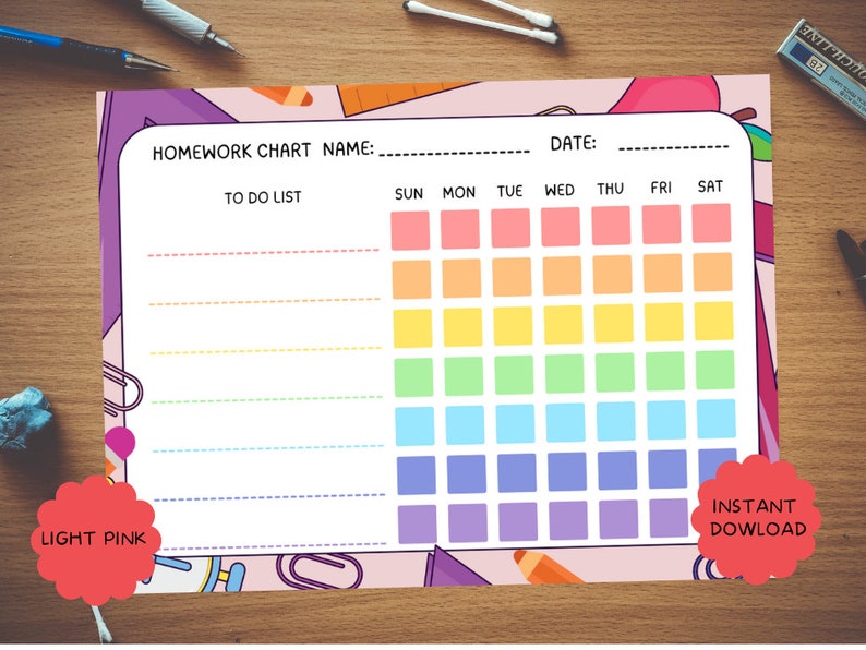 Homework Chart - Printable Instant Download- Children's Weekly Homework ...