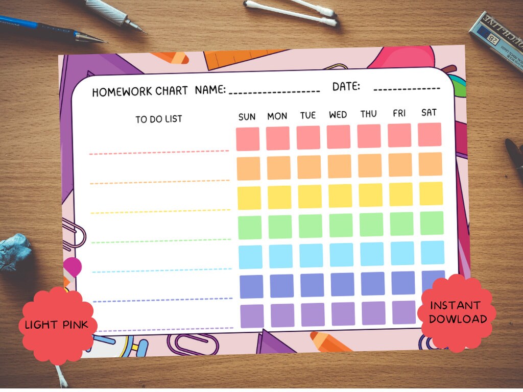 Homework Chart - Printable Instant Download- Children's Weekly Homework ...