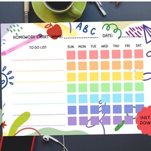 Homework Chart - Printable Instant Download- Children's Weekly Homework ...
