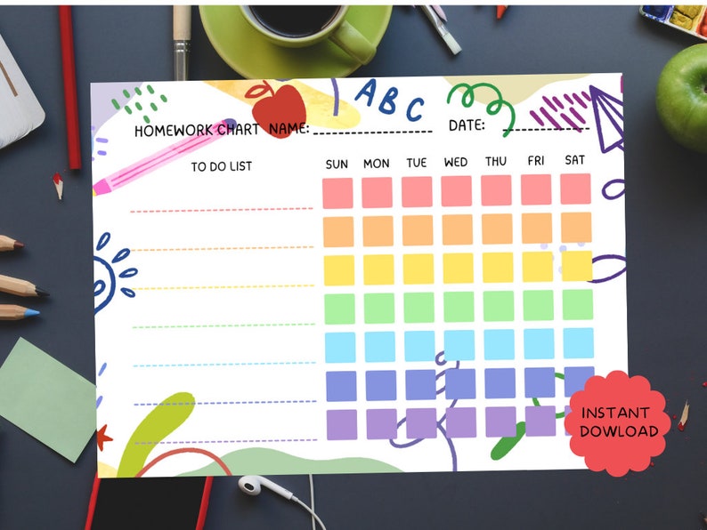 Homework Chart - Printable Instant Download- Children's Weekly Homework ...