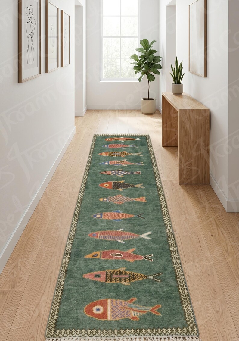 Handmade Teal Green Fish Runner Rug, Hand Knotted Wool Coastal Hallway ...