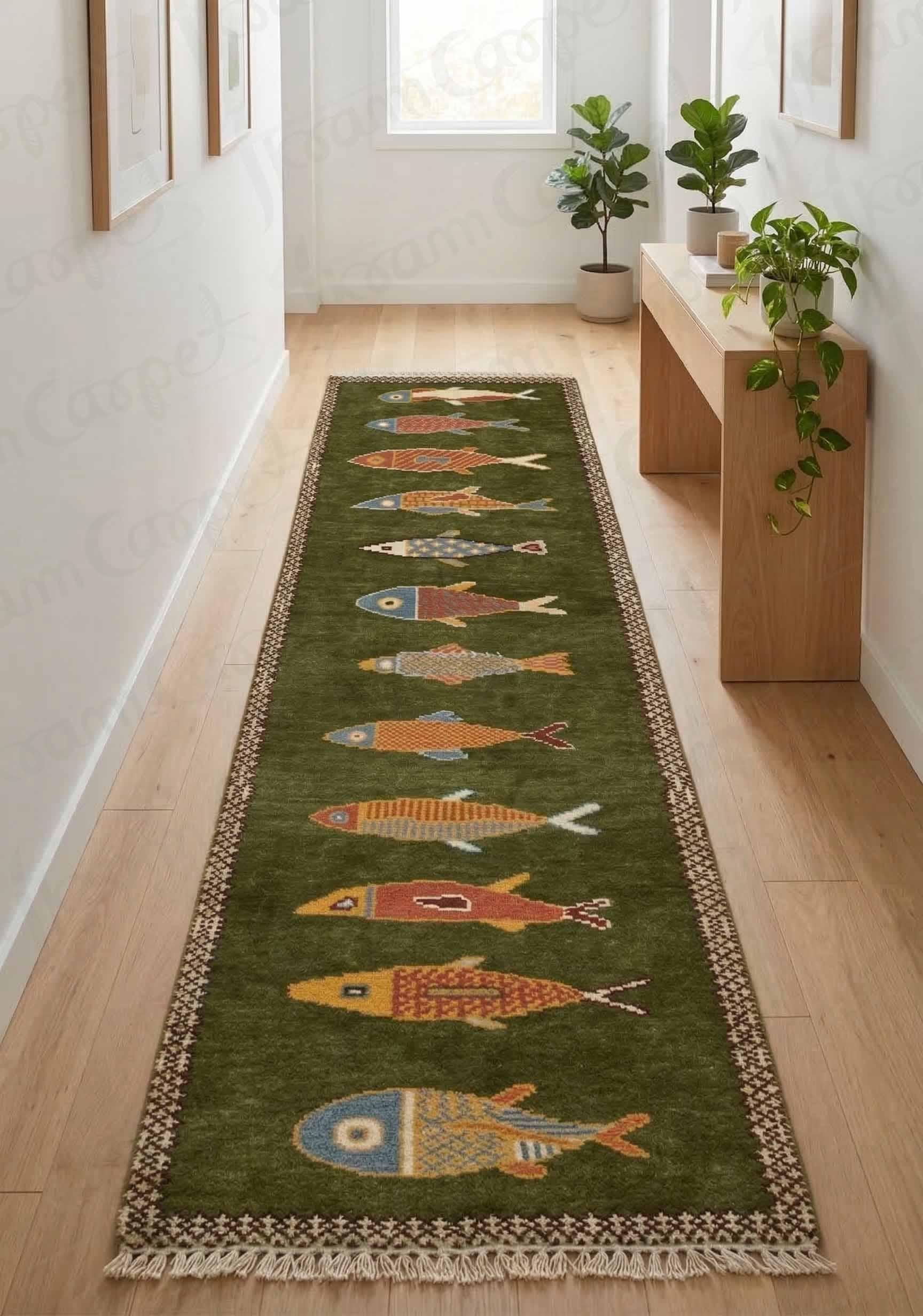 Green Fish Runner Rug Handmade | Coastal Wool Runner Rug | Nautical ...