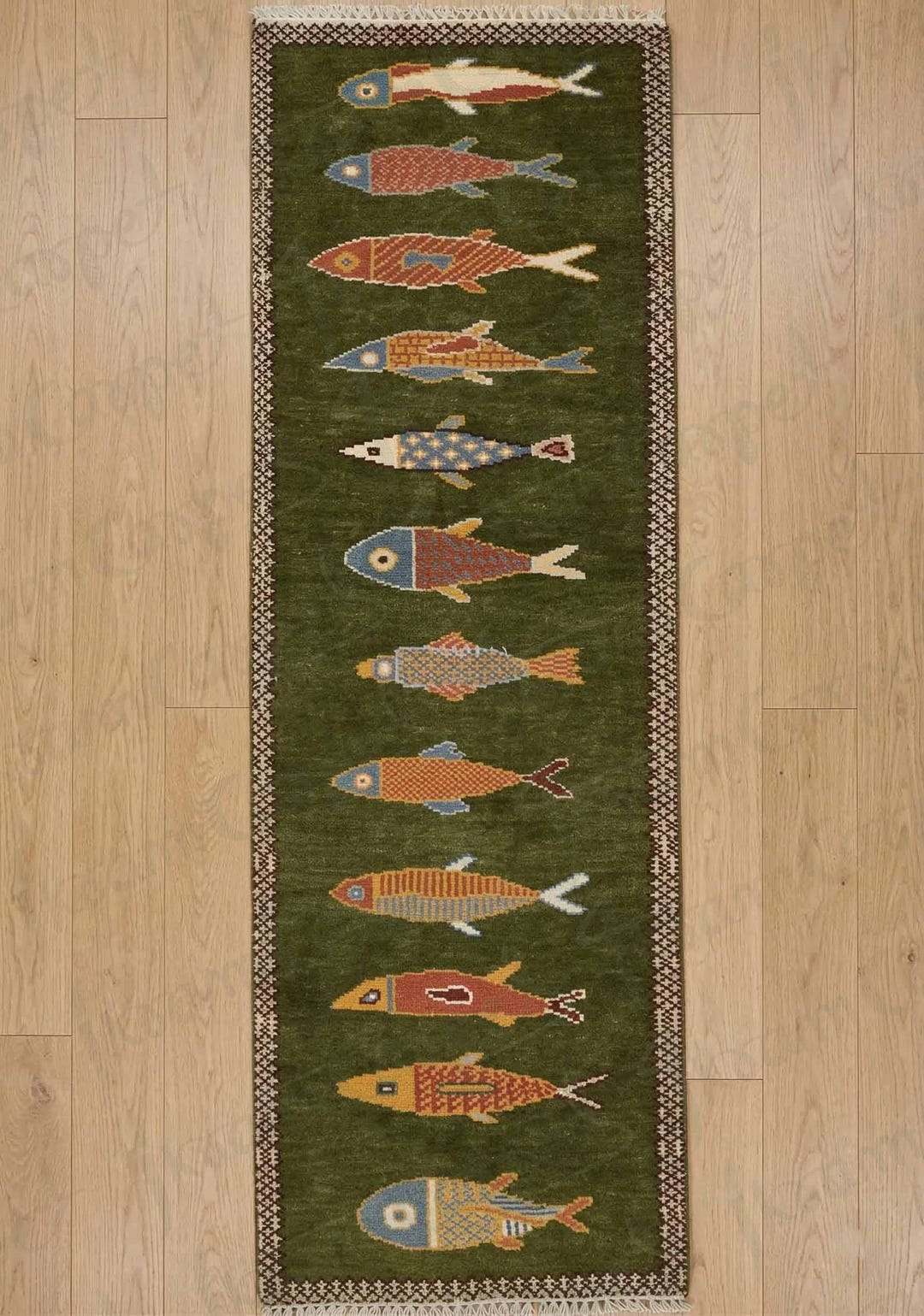 Green Fish Runner Rug Handmade | Coastal Wool Runner Rug | Nautical ...