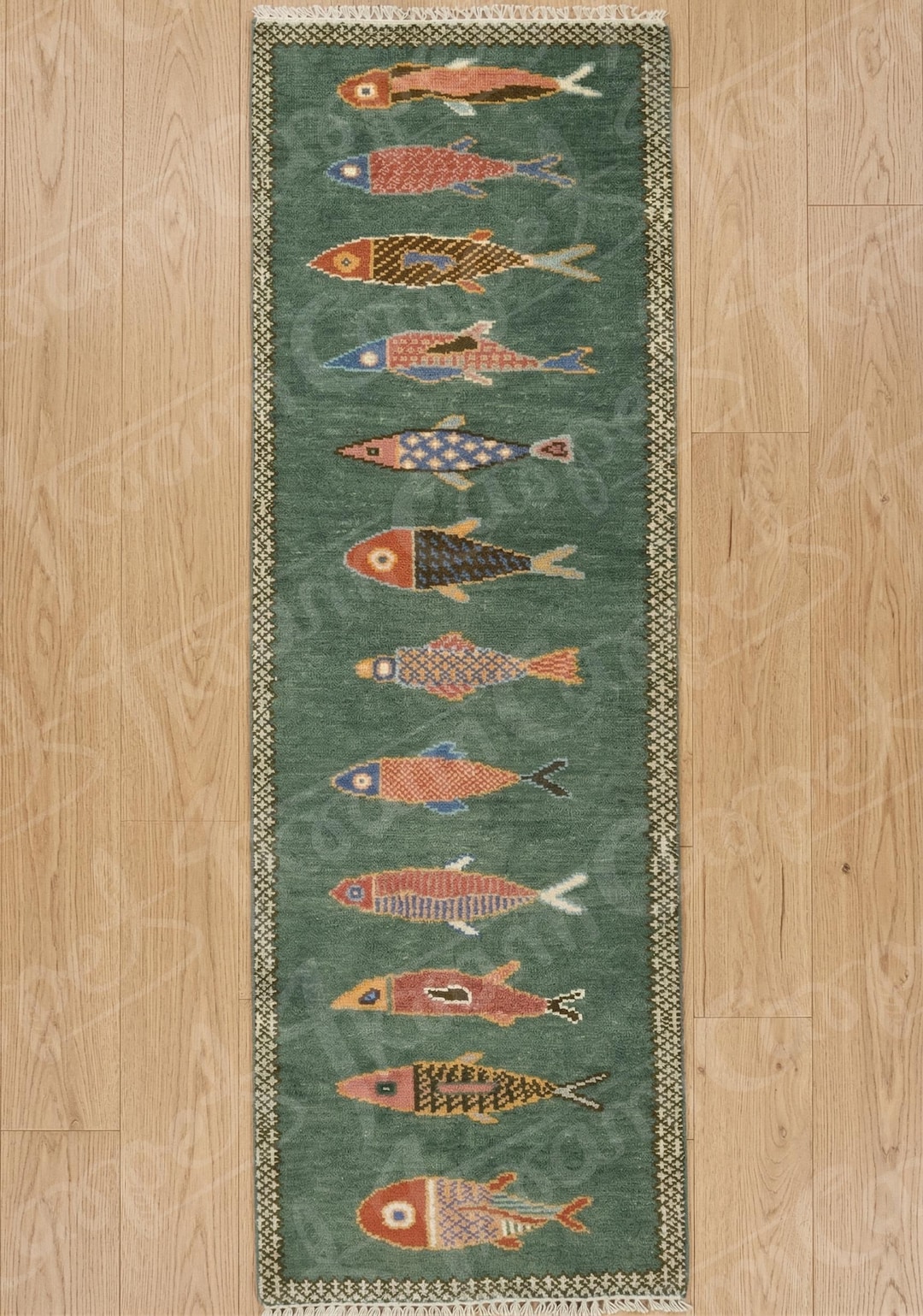Handmade Teal Green Fish Runner Rug, Hand Knotted Wool Coastal Hallway ...