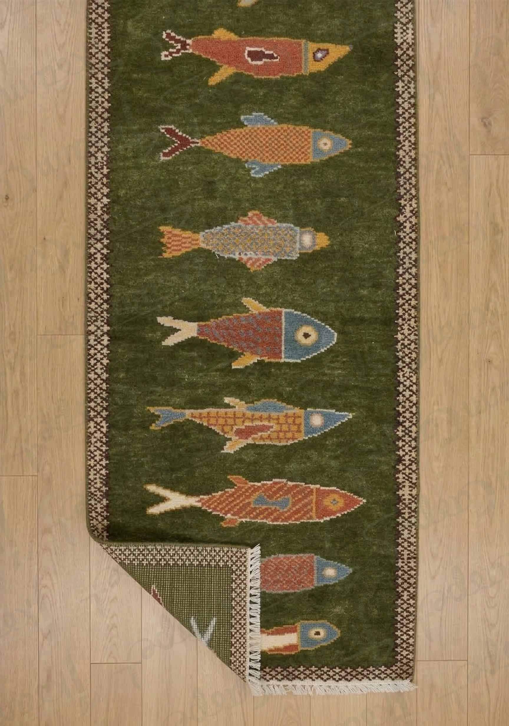 Green Fish Runner Rug Handmade | Coastal Wool Runner Rug | Nautical ...