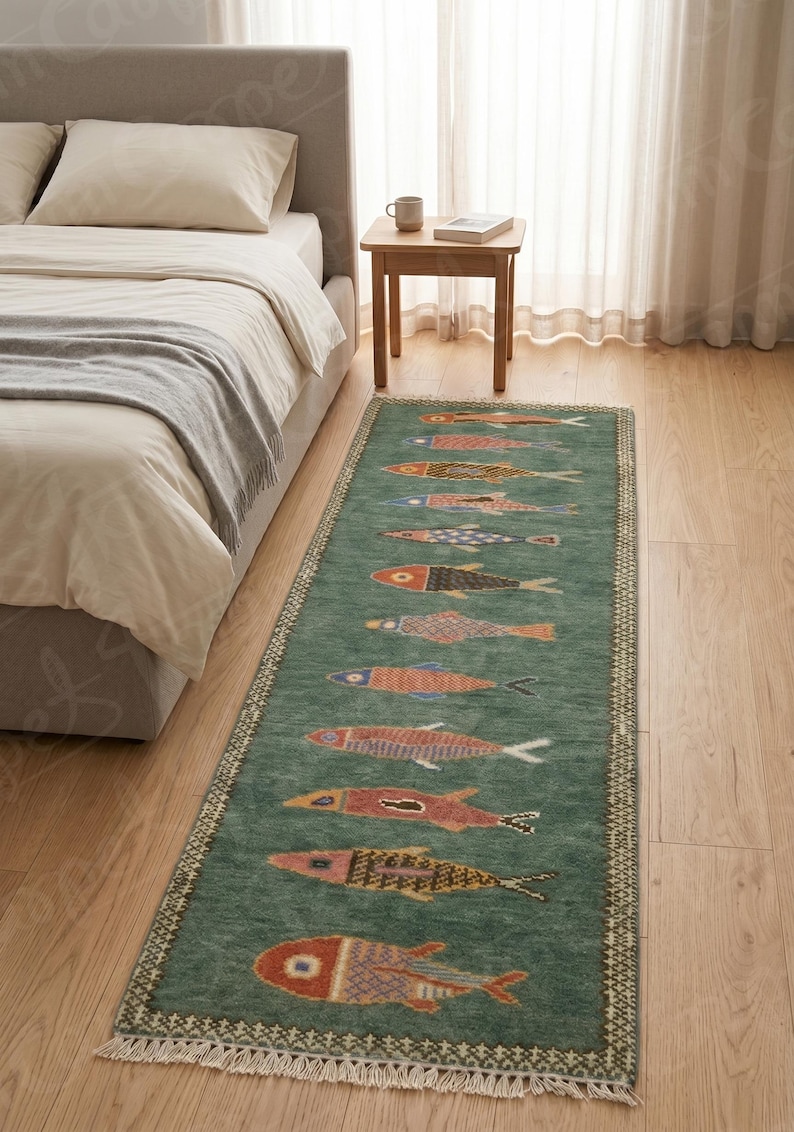 Handmade Teal Green Fish Runner Rug, Hand Knotted Wool Coastal Hallway ...