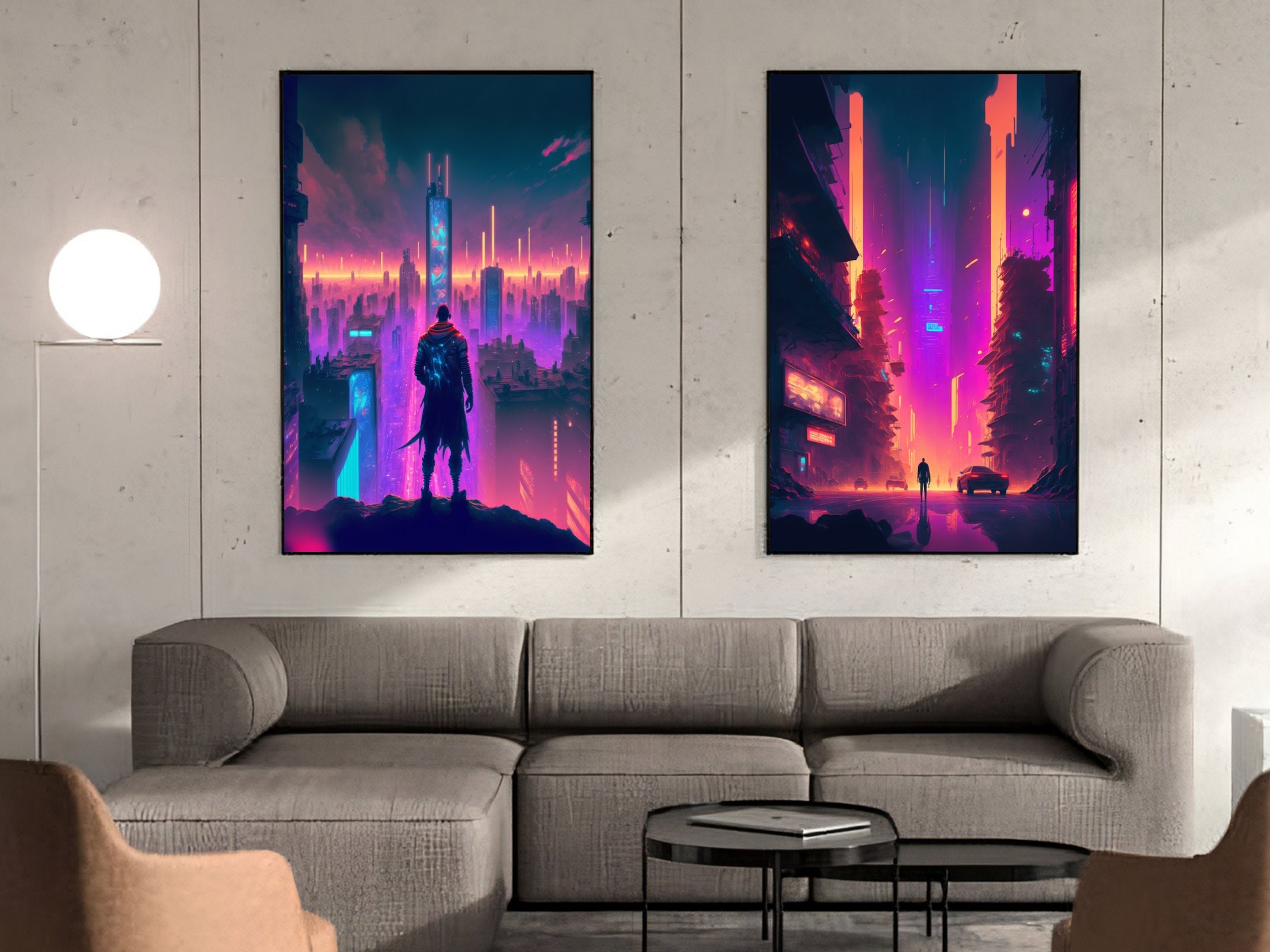 Cyberpunk Futuristic City Set of 2 Prints, Unique Original Digital Art ...