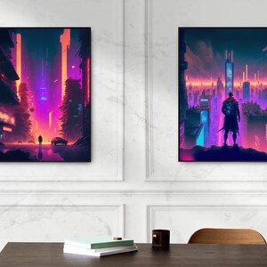 Cyberpunk Futuristic City Set of 2 Prints, Unique Original Digital Art ...