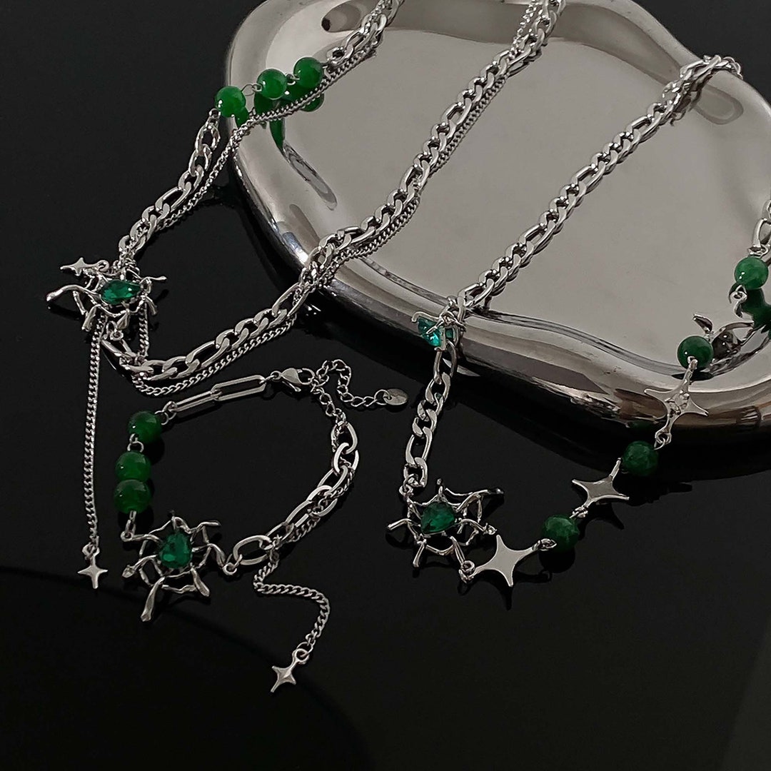 Y2K Green Gemstone Spider Web Jade Chain Tassel Necklace and Bracelet ...