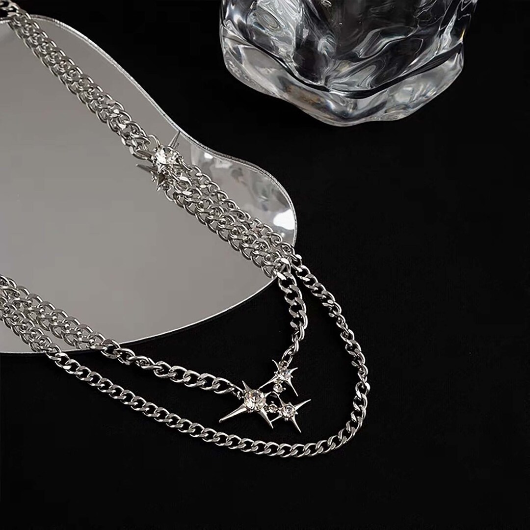 Y2K Star Chain Double Layers Necklace,layered Silver Chain Choker ...