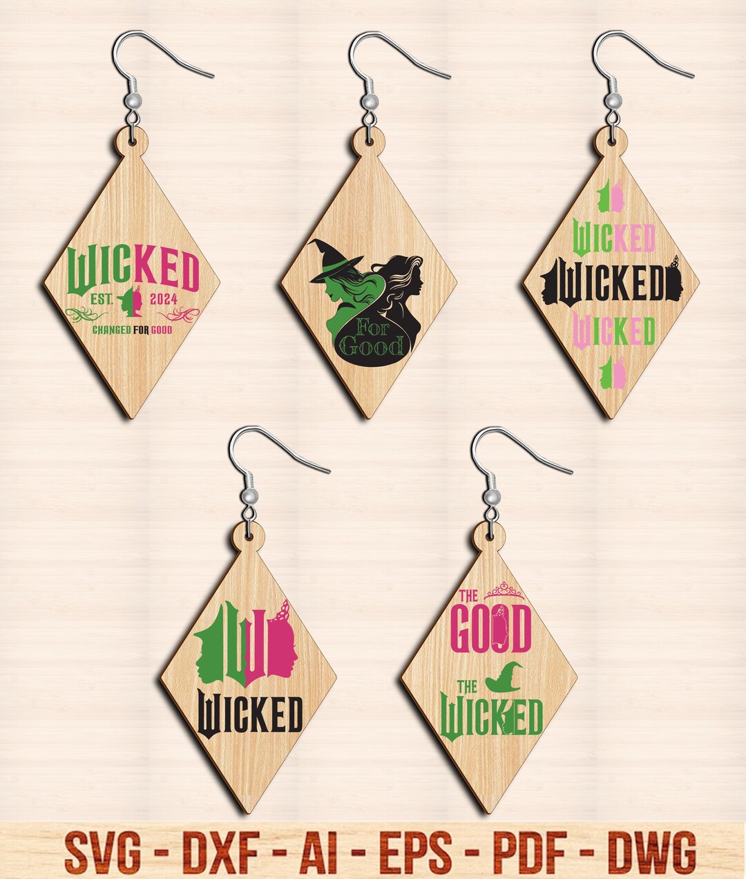 Wicked Changed for Good Earring SVG, Wicked Earrings Bundle, Witch Pink ...