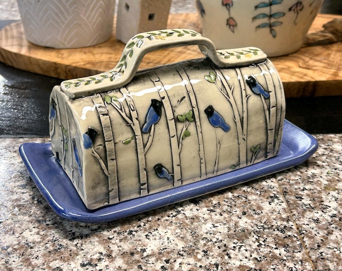 Covered Ceramic Butter Dish With Blue Jay Bird Design / Handmade ...