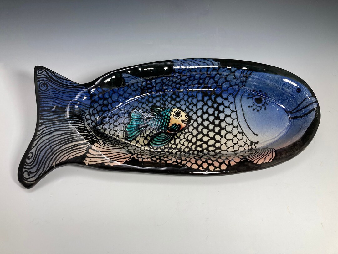 Whimsical Fish Design Large Serving Platter / Hand Painted / Salmon ...