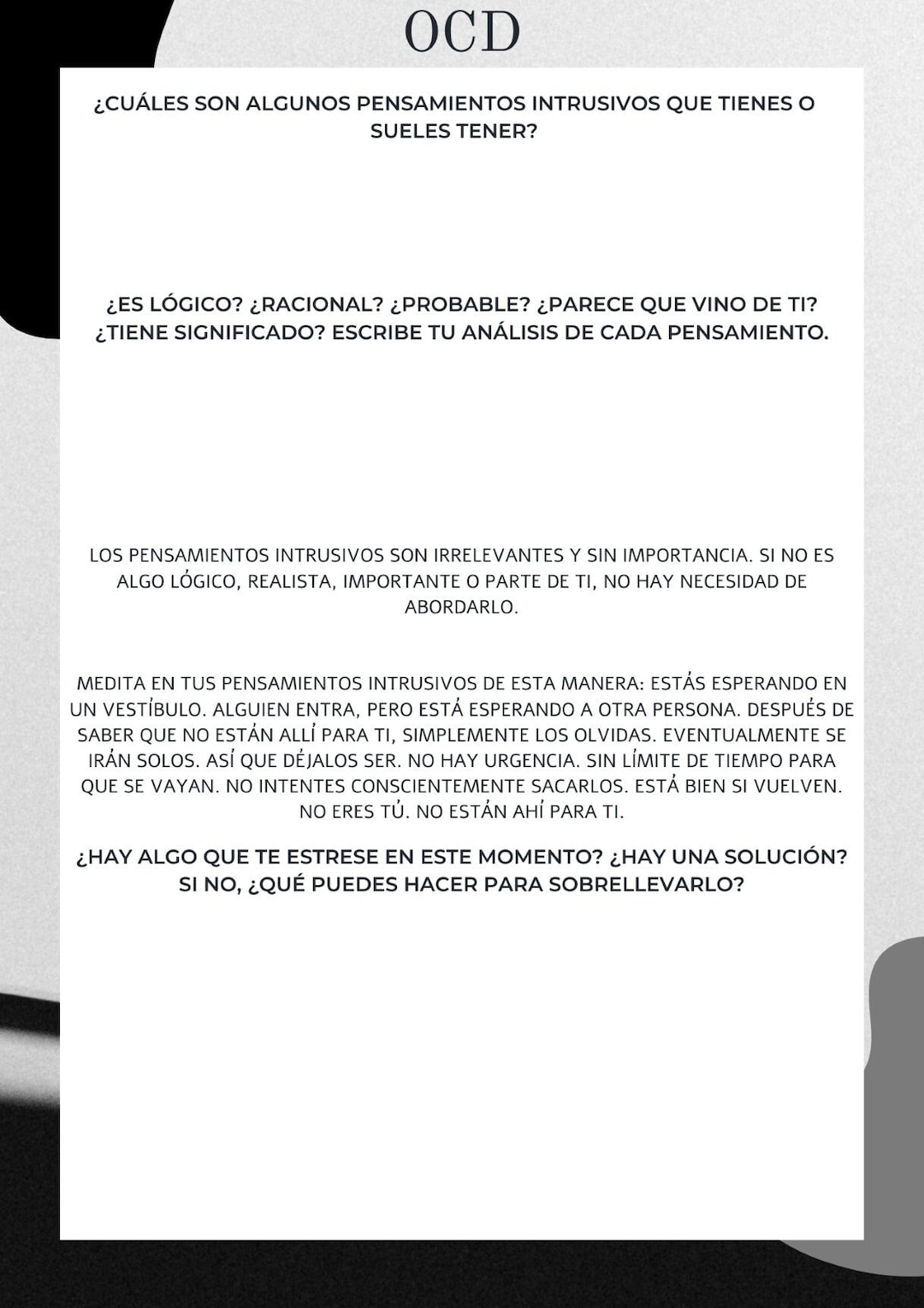 Spanish OCD / OCPD Obsessive Compulsive, Intrusive Thoughts Worksheet ...