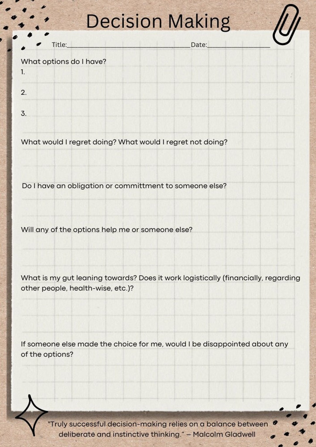 Decision Making Mental Health Worksheet - Etsy