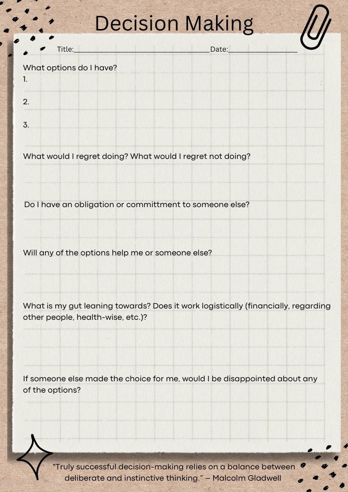 Decision Making Mental Health Worksheet - Etsy