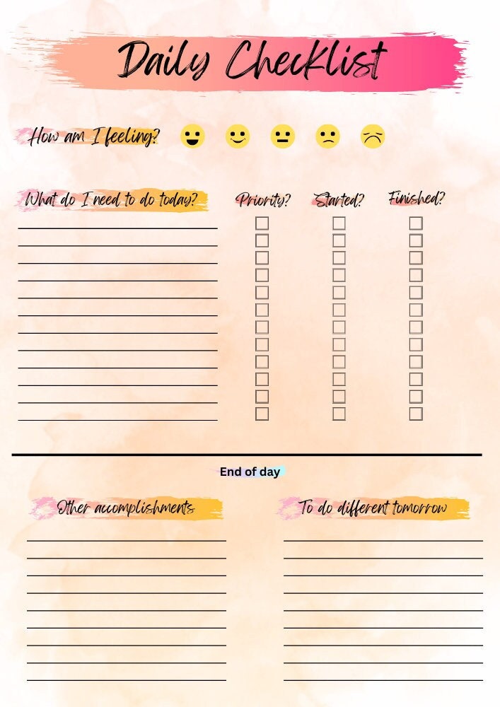 Daily Checklist, to Do List, Daily Schedule - Etsy