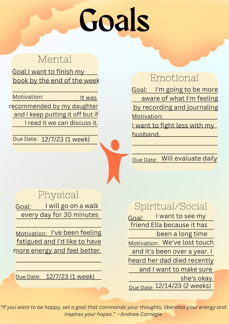 Monthly Goals Worksheet, Mental/emotional/physical/spiritual - Etsy