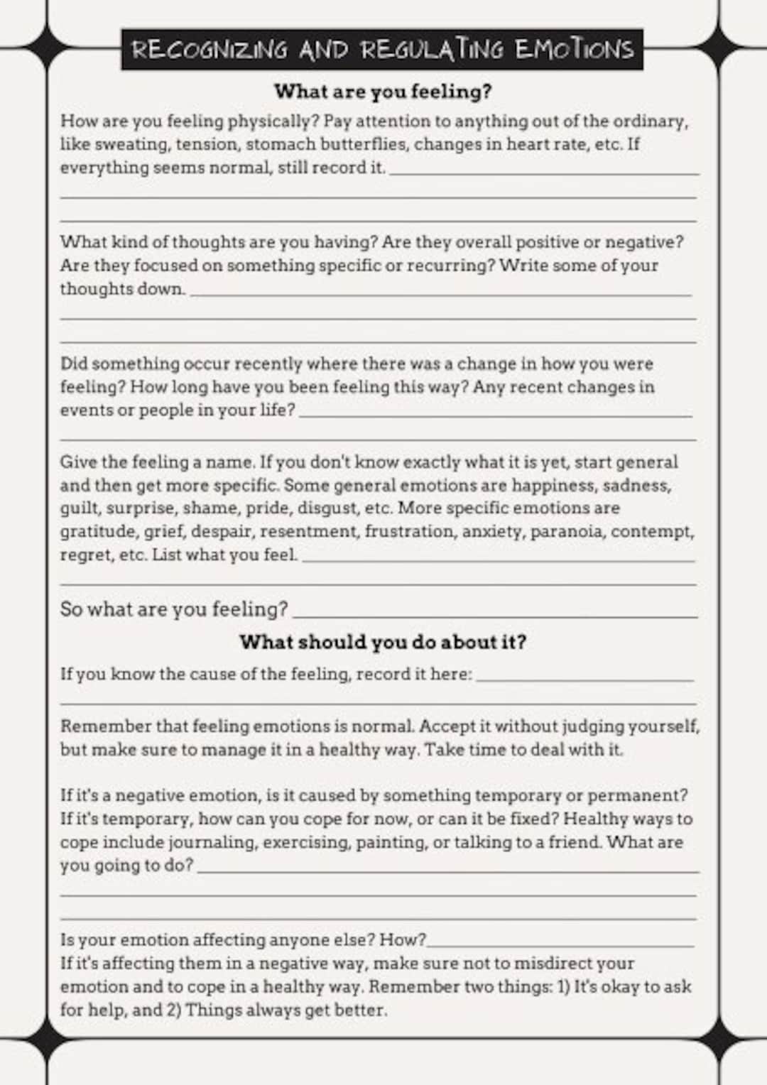 Recognizing and Regulating Emotions Therapy Worksheet - Etsy