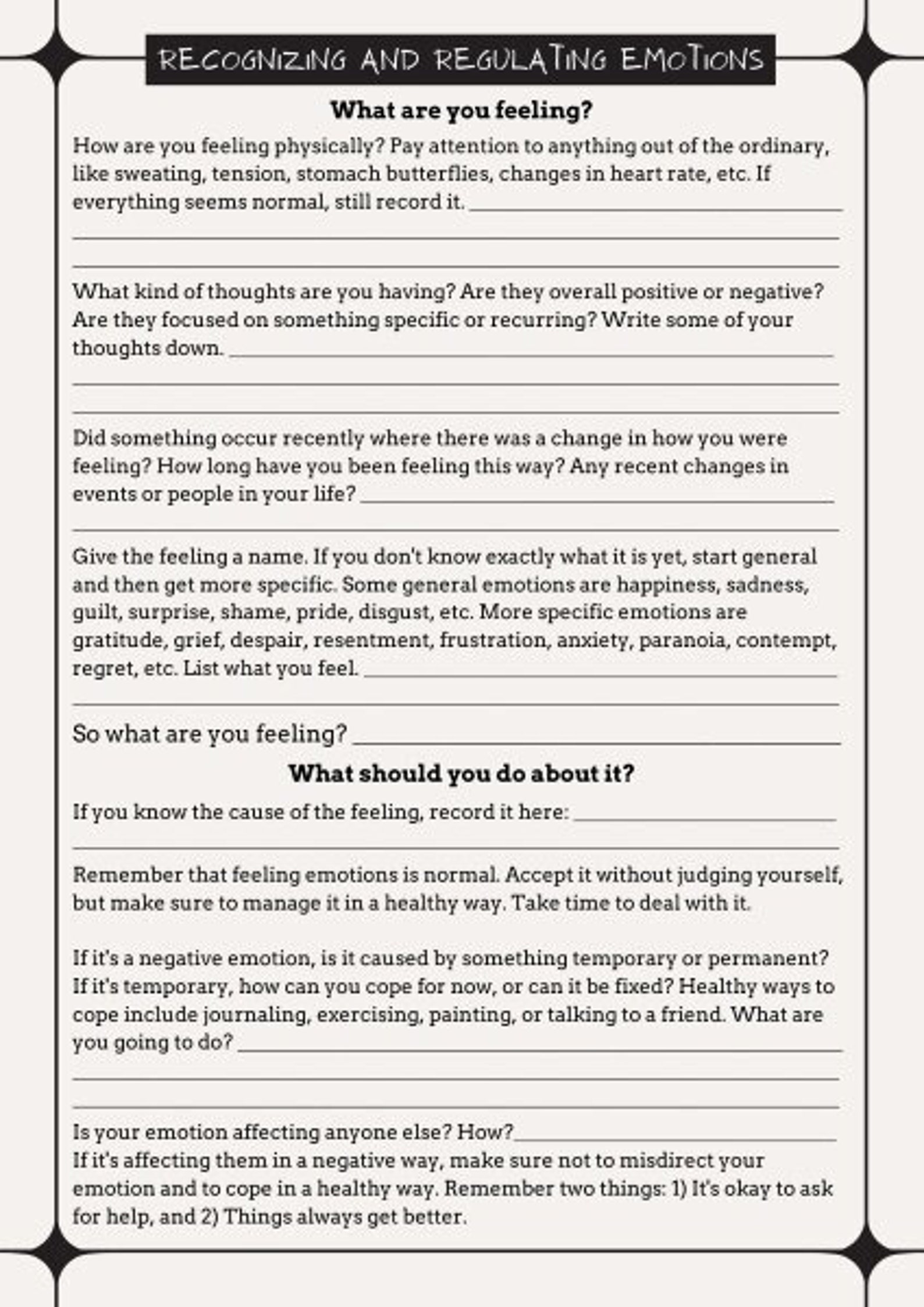 Recognizing and Regulating Emotions Therapy Worksheet - Etsy