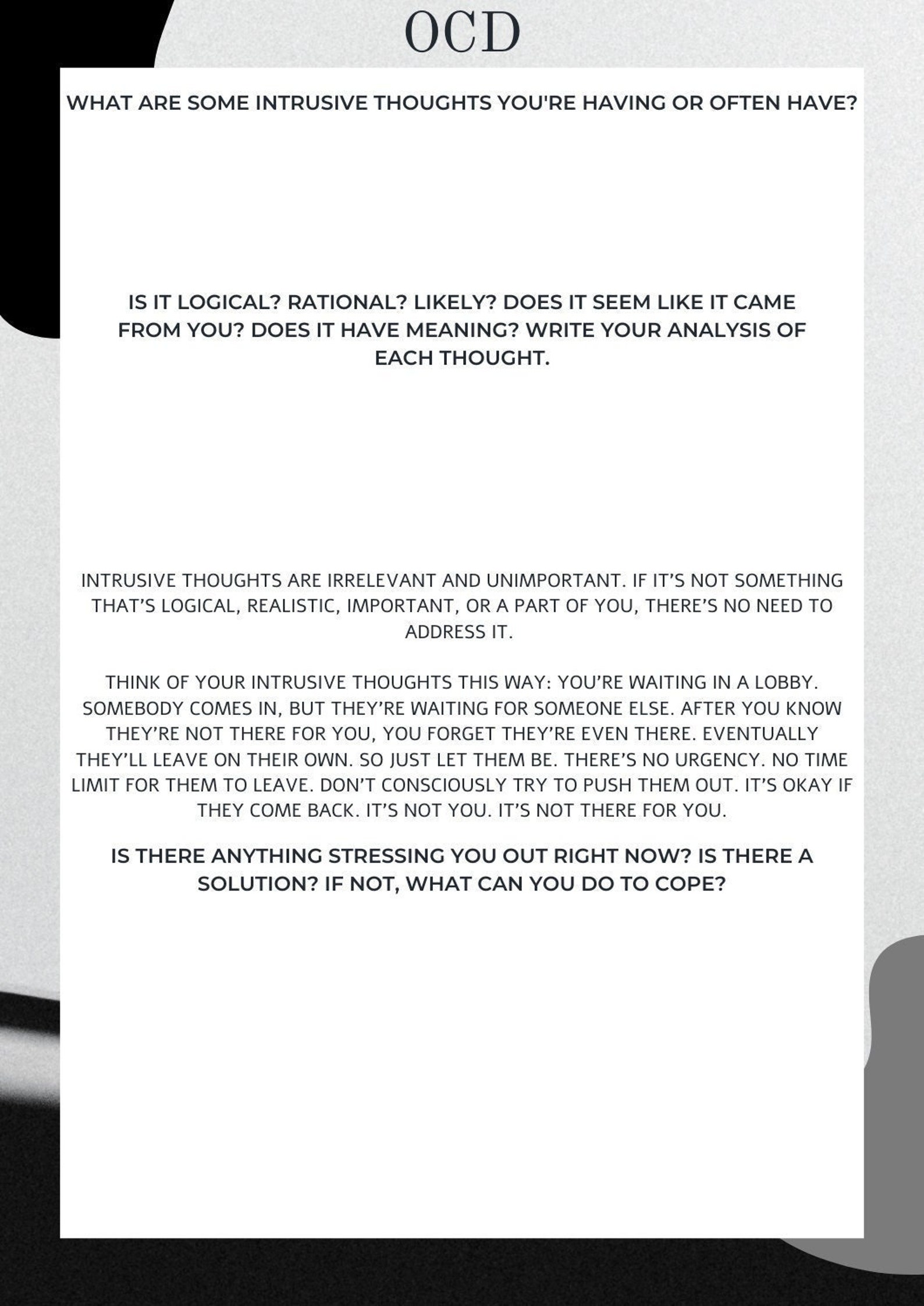 OCD or OCPD Mental Health Digital Worksheet - Etsy